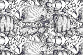 DIMEX | Samolepicí vliesová fototapeta na zeď Monochromatické ryby MA-5-1466 | 375 x 250 cm | bílá, černá