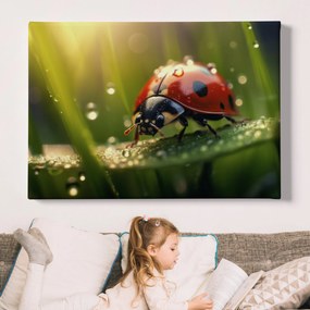 Obraz na plátně - Beruška na stéblu trávy s rosou FeelHappy.cz Velikost obrazu: 150 x 100 cm