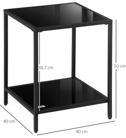 HOMCOM Odkládací stolek, konferenční stolek se 2 patry, konferenční stolek z tvrzeného skla, do obývacího pokoje, ložnice, 40 x 40 x 50 cm, ocel, čer…