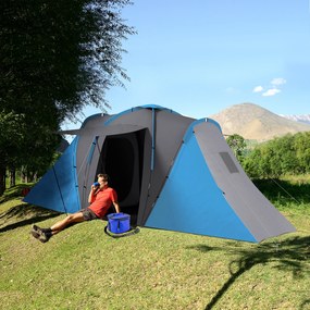 Outsunny rodinný stan pro 4-6 osob, voděodolný 2000 mm, skládací stan s 2 ložnicemi, batoh na kempování 555x225x190 cm, šedý a modrý