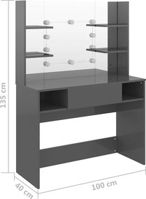 Kosmetický stolek s LED světly 100x40x135 cm MDF zářivě šedý 331543