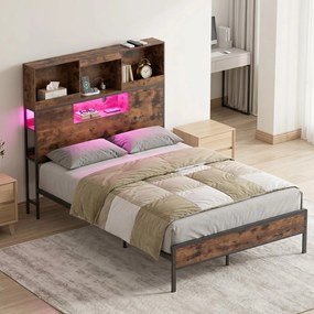 Costway Kovová postel 140 × 220 cm s LED a nabíjením, hnědá