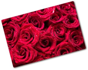 Wallmuralia Deska na krájení skleněná Kapky na růžích 80x52 cm