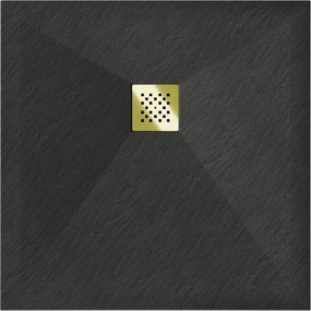 Mexen Stone+, čtvercová vanička z minerálního kompozitu 80 x 80 cm, černá, zlatá lesklá krytka, 44708080-G