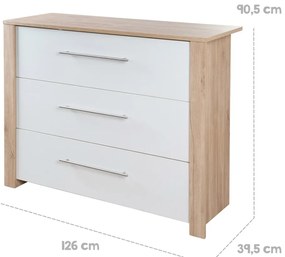 Nízká dětská komoda v dekoru dubu s přebalovacím pultem v bílo-přírodní barvě 112x98 cm – Roba