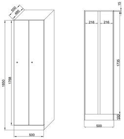 Kovová šatní skříňka zúžená, 2 oddíly, 1850 x 500 x 500 mm, otočný zámek, laminované dveře, bříza