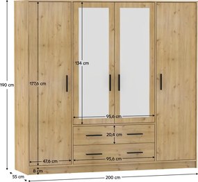 Šatní skříň, čtyřdveřová, dub artisan, BENA 2