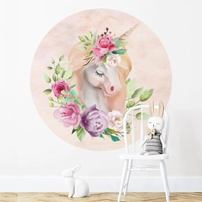 Gario Dětská nálepka na zeď Unicorns and flowers - jednorožec a zelené listy se čtyřmi růžemi Rozměry: 100 x 100 cm