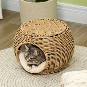PawHut Kočka Dům Postel Kočičí Košík Dům v Obřím Střihu z Rattanu s Měkkým Polštářem Ø 40 x 30 cm světle hnědý