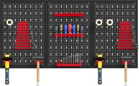 HOMCOM nástěnný pegboard 3×60 × 40 cm, 28dílný držák nářadí s háčky a přihrádkami, černá/červená