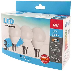 LED Žárovky 6W E14 P45 6500K sada 3 kusy