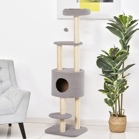 PawHut Kočičí škrabadlo výška 148 cm kočičí věž se sisalovými sloupy 3 platformami, domečkem a visící koulí šedá