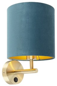 Elegantní nástěnná lampa zlatá s modrým sametovým stínítkem - Matt