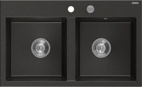 Mexen Hektor, 2-komorový granitový dřez 800x480x205 mm, černá-zlatá metalíza, chromový sifon, 6521802000-75