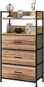 HOMCOM Úložná skříň v industriálním stylu s 3 vyjímatelnými textilními zásuvkami a 2 policemi - 60 x 29 x 101 cm - Vzhled dřeva a černého kovu