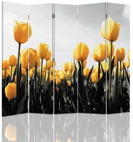 Ozdobný paraván Žluté tulipány - 180x170 cm, pětidílný, obustranný paraván 360°