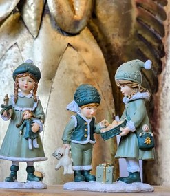 Zelená dekorace děvčátko se svíčkou a panenkou Children - 5*5*13 cm