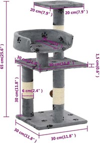 Škrabadlo pro kočky se sisalovými sloupky 65 cm šedé s tlapkami 170608