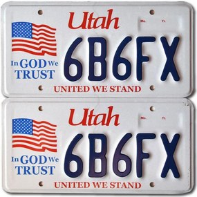Americká SPZ Utah In God We Trust 6B6FX pár