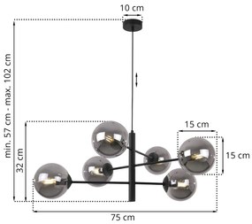 Závěsné svítidlo Paris, 6x grafitové skleněné stínítko, B, X