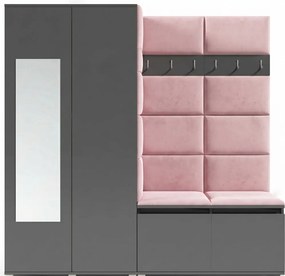 Předsíňová stěna Trinity 8 s čalouněnými panely, 190 cm, grafit/ světle růžová