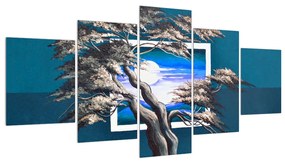 Modrý obraz stromu a východu slunce (150x80 cm)