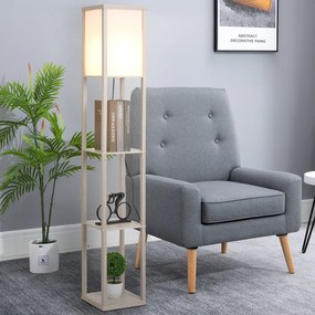 HOMCOM Stojací lampa se 3 policemi Stojací lampa, interiérové osvětlení, E27, do 40W, E1-MDF, akryl, dub+bílá, 26x26x160 cm