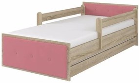 Dětská postel Max Čalouněná 160x80 cm - Dub Sonoma - 2x krátká zábrana se šuplíkem - čalounění Růžová