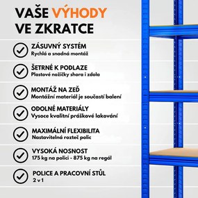 Regál s vysokou nosností HEAVY, max. 875kg, 90x40x180cm, modrá Monzana