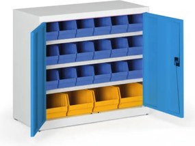 Skříň s plastovými boxy BASIC - 800 x 400 x 920 mm, 18x B, 4x C, šedá/modré dveře