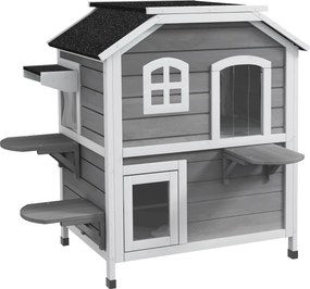 PawHut dřevěný domeček pro kočky 78 x 55,5 x 91 cm voděodolný s podlahou odolnou proti vlhkosti únikové dveře skákací plošiny otvor v podlaze šedý