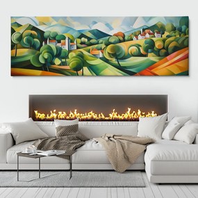 Obraz na plátně - Vesnice v lesní krajině, abstrakce FeelHappy.cz Velikost obrazu: 180 x 60 cm