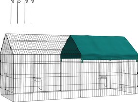 Volný výběh PawHut 220 x 85 x 103 cm pro malá zvířata, s krytem a 4 dvířky, ideální výběh pro morčata z oceli v zelené barvě