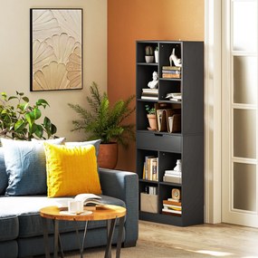 HOMCOM Knihovna s Šuplíkem a 9 Úložnými Prostory, Knihovna pro Obývací Pokoj, Kancelář nebo Studovnu 60x26x158 cm Černá