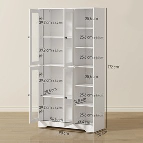 HOMCOM Kuchyňská skříňka se skleněnými dveřmi, police, otevřené přihrádky, výška 172 cm, MDF, bílá