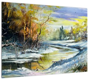 Skleněný obraz zimní řeky, olejomalba (70x50 cm)