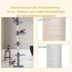 PawHut škrabadlo stropní vysoké šedé 40x34x230-260cm, výškově nastavitelný strom pro kočky se sisalovými sloupky pro šplhání a škrábání