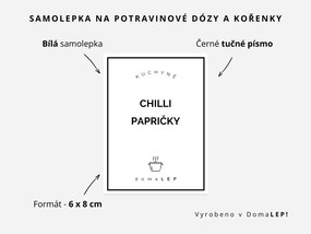 CHILLI PAPRIČKY - omyvatelná samolepka na kořenky, výběr rozměrů Ø 5 cm / 5 x 5 cm / 6 x 8 cm | DomaLEP tvar: OBDÉLNÍK, barva: BÍLÁ - ČERNÉ písmo, velikost: š. 6 cm x v. 8 cm - tučné písmo