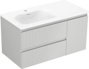 Mexen Rivel, koupelnová skříňka 90 cm s umyvadlem Vela na levé straně, 2S, 1D, drážkovaná, šedá matná/bílá matná - 91A23-09047-3-BBFFF62-W23L01