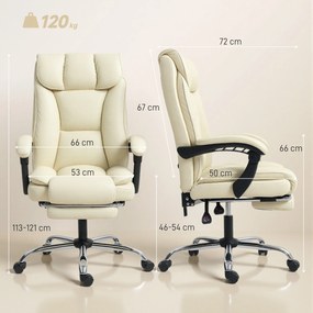 HOMCOM Ergonomická kancelářská židle s opěrkou nohou, potažená umělou kůží, na kolečkách, otočná, kov, béžová+černá