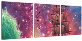 Obraz - Loď s vesmírnou oblohou (s hodinami) (90x30 cm)