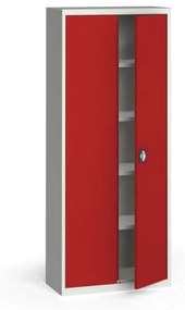 Plechová policová skříň na nářadí KOVONA, 1950 x 800 x 400 mm, 4 police, šedá/červená
