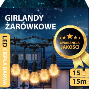 Zahradní světelná girlanda Led světla 15 m 15 x Led žárovky E27 na balkon