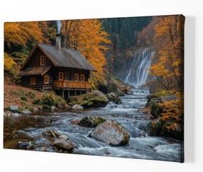 Obraz na plátně - Chatka s podzimními vodopády FeelHappy.cz Velikost obrazu: 120 x 80 cm