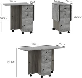 Skládací jídelní stůl HOMCOM, skládací stůl se 2 skládacími tácemi, 2 šuplíky, 1 skříňkou a 1 úložným policí, 120 x 60 x 76,5 cm - Šedý