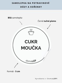 Samolepka na dózu CUKR MOUČKA – bílá, 5 cm, tučné písmo