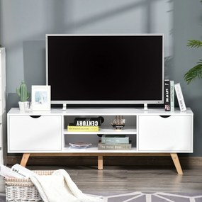 HOMCOM Moderní TV Stolek pro Televize do 65 palců s 2 Dveřmi, 2 Otevřenými Policemi a Dřevěnými Nohami 150x39x50 cm Bílý