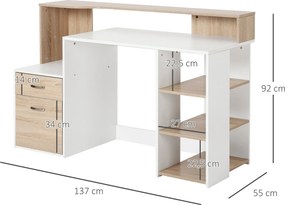HOMCOM Počítačový stůl 137x55x92 cm s 3 policemi, 2 zásuvkami a stojanem na tiskárnu pro domácí kancelář