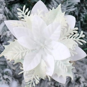 Flamenco Mystique Květina na stromeček s klipem vánoce xxl 14 cm bílý třpyt woz04b