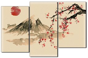 Obraz na plátně - Tradiční sumi-e obraz: sakura, slunce a hory 1271FC (135x90 cm)